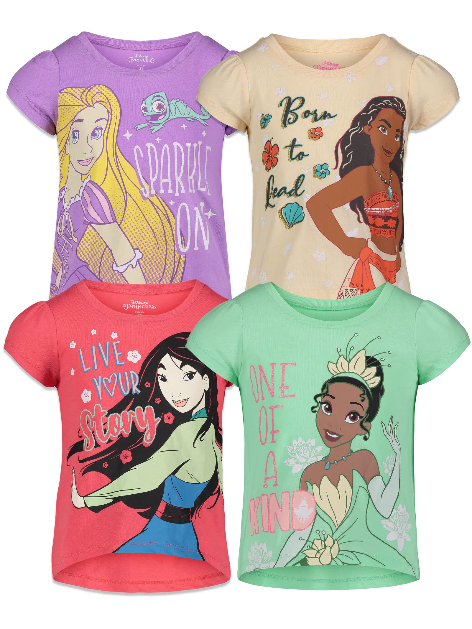 Princess Mulan Tiana Rapunzel Moana Big Girls 4 Pack T-Shirts 14-16