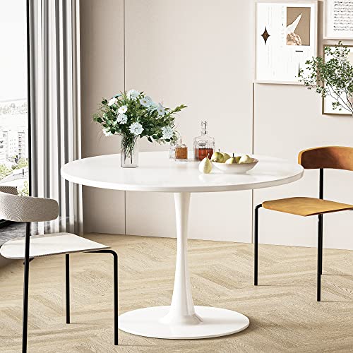 Recaceik Modern Round Dining Table, 42.1'' Tulip Table with MDF Table Top & Metal Pedestal Base for Dining Room Living Room Cafe w/ 0.71” Thickened Tabletop for 4-6 People, White