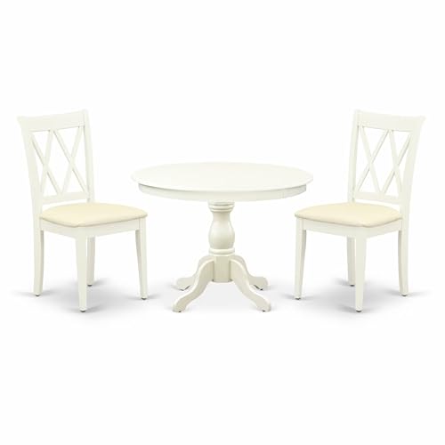 East West Furniture HBCL3-LWH-C 3 Piece Dining Table Set for Small Spaces Contains a Round Dining Room Table with Pedestal and 2 Linen Fabric Upholstered Chairs, 42x42 Inch, Linen White