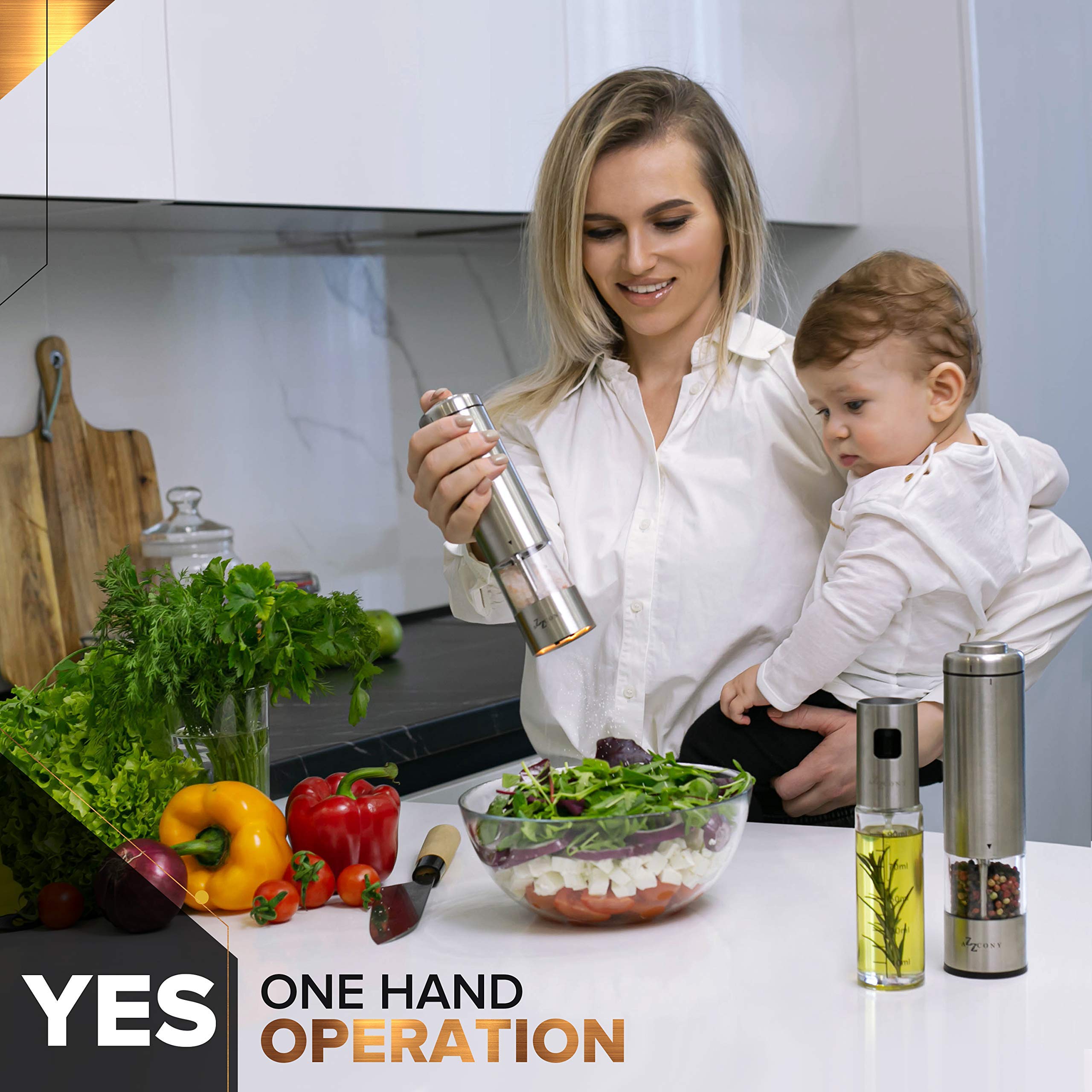 Electric Salt and Pepper Grinder Set | Stainless Steel Battery Operated Mill with Light | Pack with Oil Sprayer, Silicone Funnel, Cleaning Brush, and eBook | Adjustable Coarseness | Ceramic Grinders