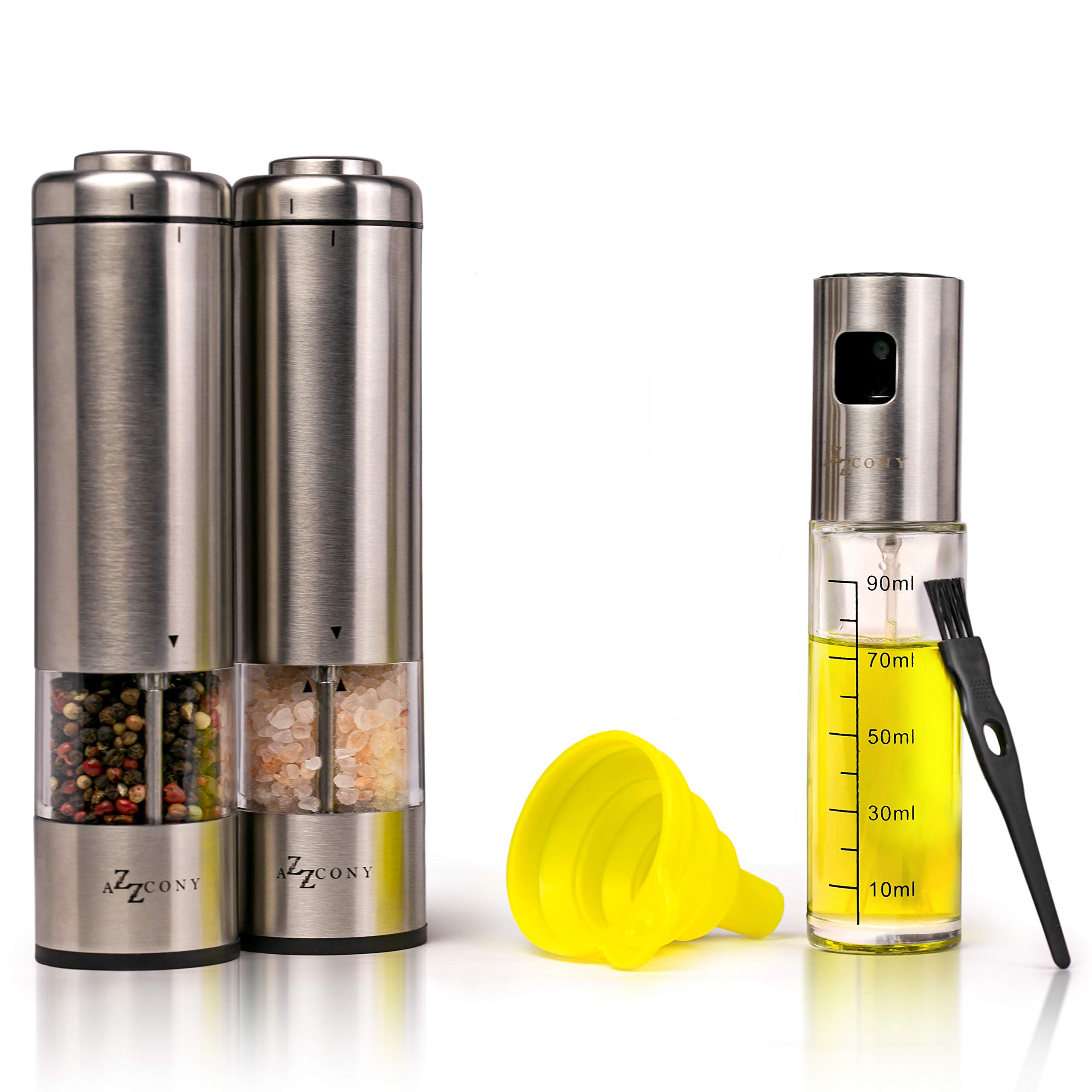 Electric Salt and Pepper Grinder Set | Stainless Steel Battery Operated Mill with Light | Pack with Oil Sprayer, Silicone Funnel, Cleaning Brush, and eBook | Adjustable Coarseness | Ceramic Grinders