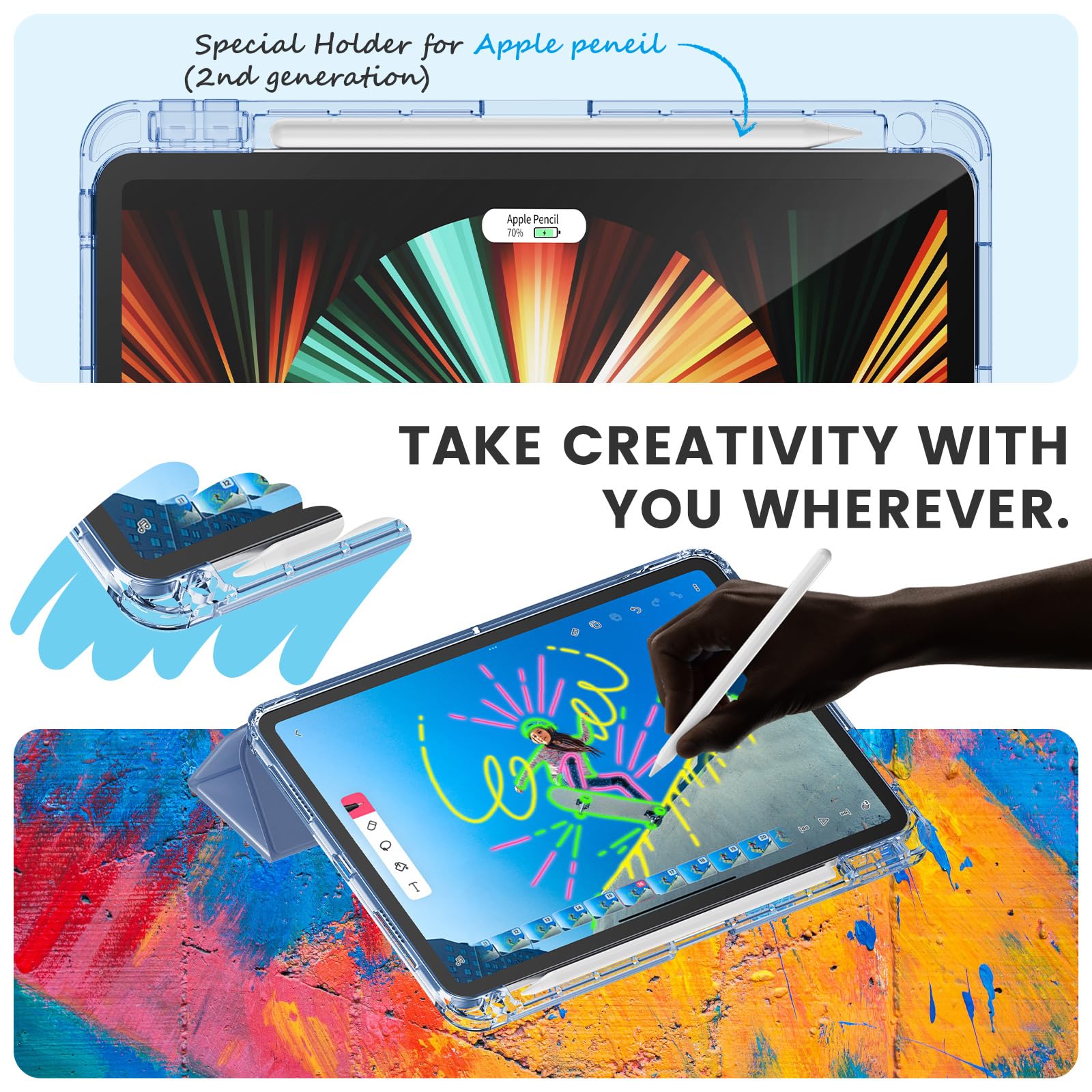 INFILAND Compatible with iPad Pro 11 inch Case (4th,3rd,2nd &1st Gen) 2022/2021/2020/2018, Crystal Clear Both Back & Frame Anti-Yellowing, Pencil Holder, Blue