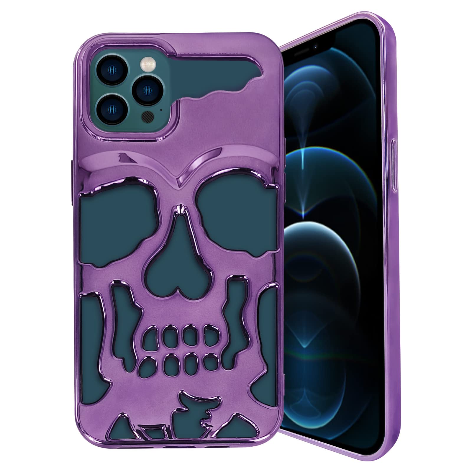 EPPARYOU Cool Skull Anime iphone 12 pro max case Deisgn Horror Hollowed Skeleton Star Space Wars plated phone cover Unique Protection Shockproof TPU Clear Case for Girls Women Cute metal dark purple