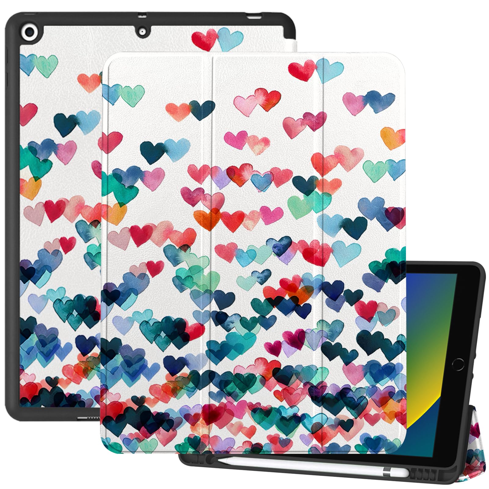Deokke Compatible with iPad 10.2 inch Case,9th /8th /7th Generation Case(2021/2020/2019) with Pencil Holder Soft TPU Back Case,Auto Sleep/Wake Cover,Cute Aesthetic for Girls Women-Raining Hearts