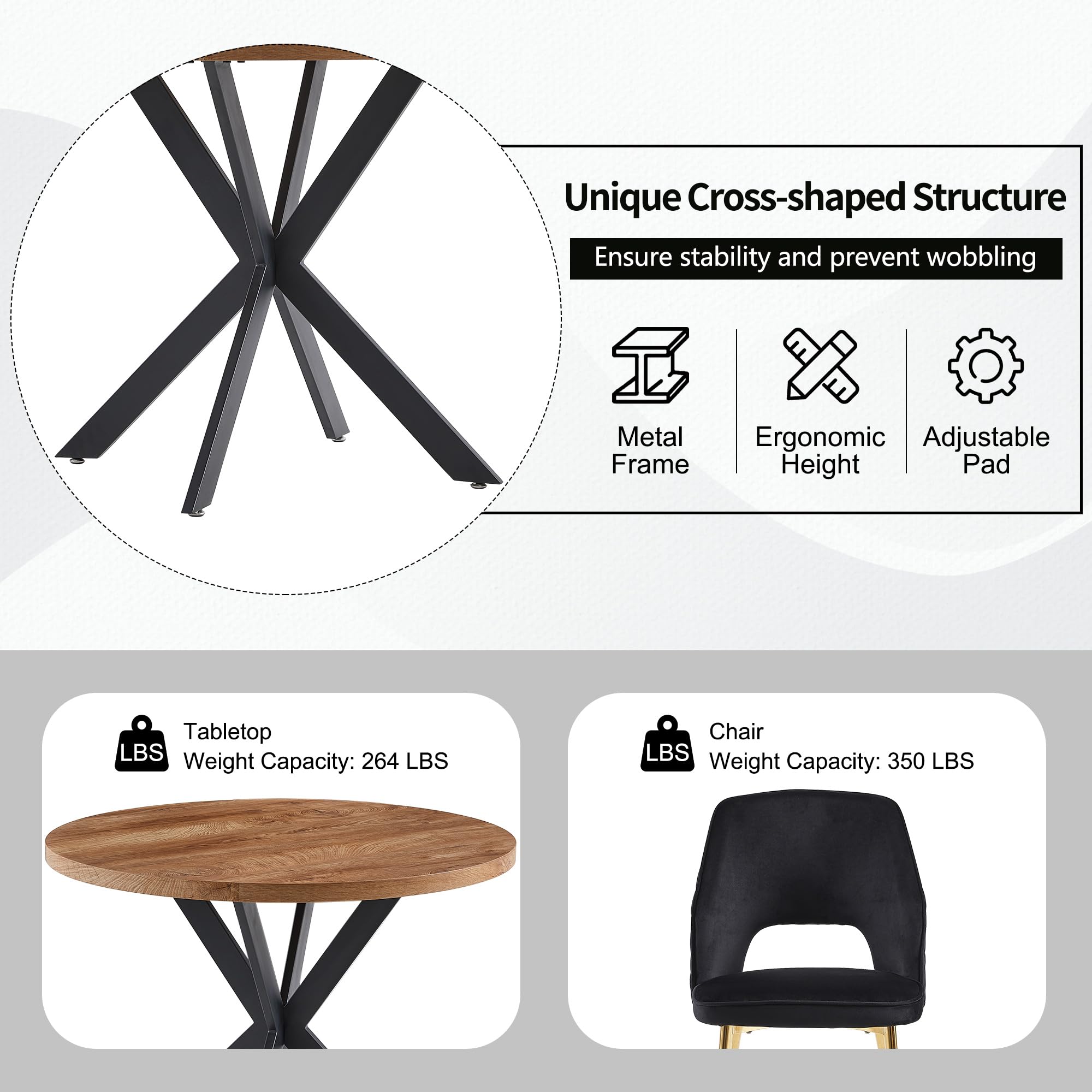 NORDICANA 5-Piece Dining Table Set for 4 - Space Saving 37-Inch Round Table and Chairs, 4 Seaters Dining Set with Upholstered Dining Chairs (Black)