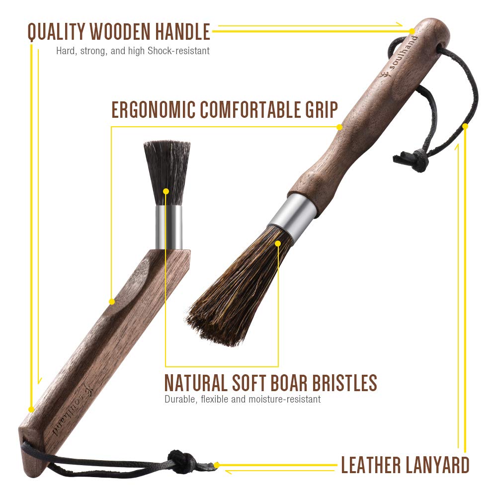 Soulhand Professional Coffee Brush Cleaning Brush Set (Straight + Curved) No Falling Out Bristles Natural Walnut Wood Espresso Machine Grinder Cleaner Coffee Tool for Barista Home Kitchen