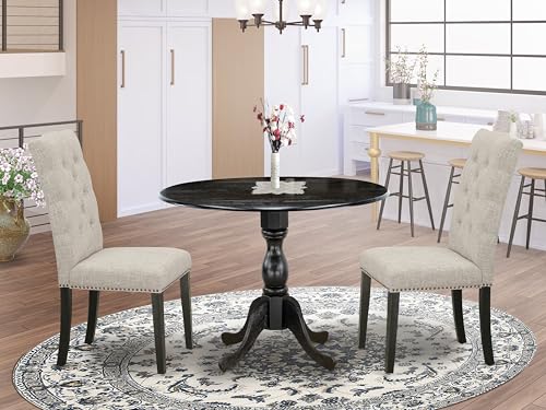 East West Furniture DMEL3-ABK-35 3 Piece Dinette Set for Small Spaces Contains a Round Dining Table with Dropleaf and 2 Doeskin Linen Fabric Parsons Dining Chairs, 42x42 Inch, Wirebrushed Black