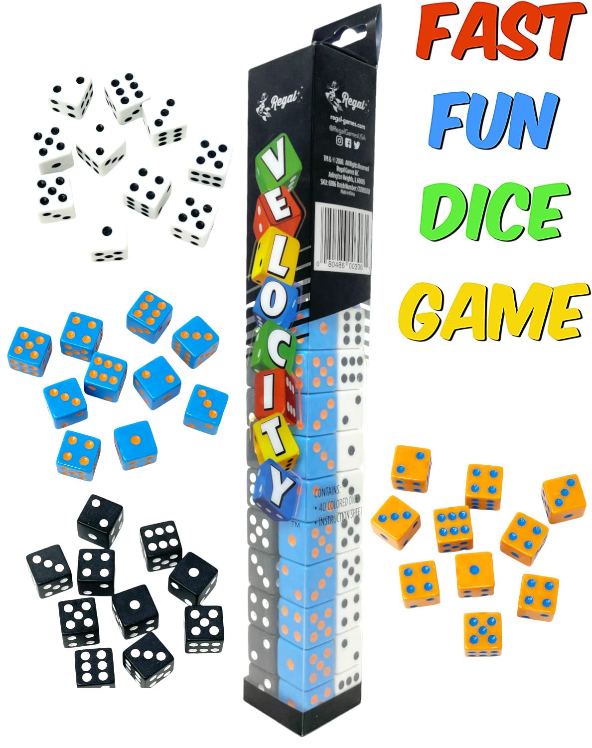 Regal Games Velocity Dice Game Set with Case - Square Dice Colored Set for Family Game Night - 2 to 4 Player (40 Dices)