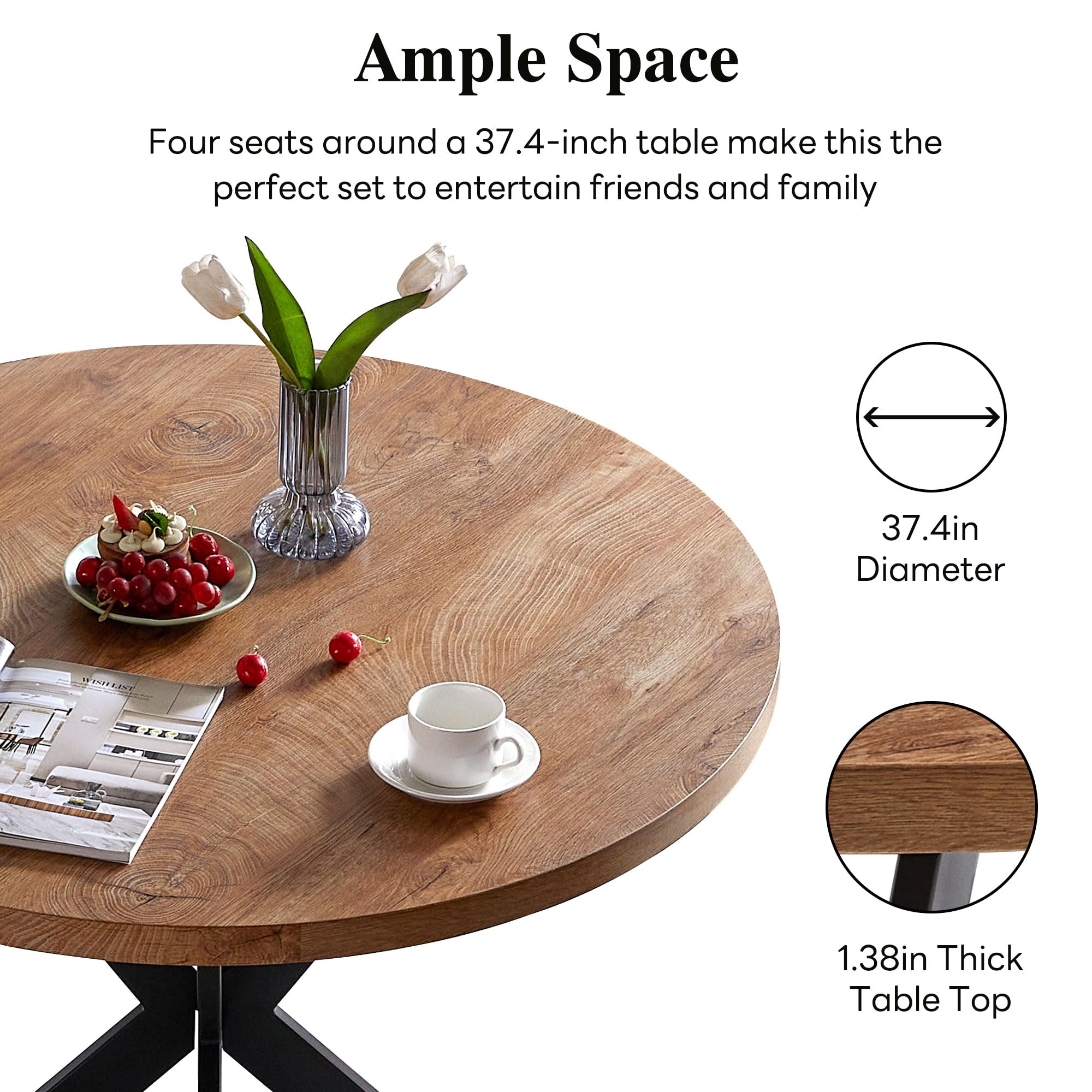 NORDICANA 5-Piece Dining Table Set for 4 - Space Saving 37-Inch Round Table and Chairs, 4 Seaters Dining Set with Upholstered Dining Chairs (Black)