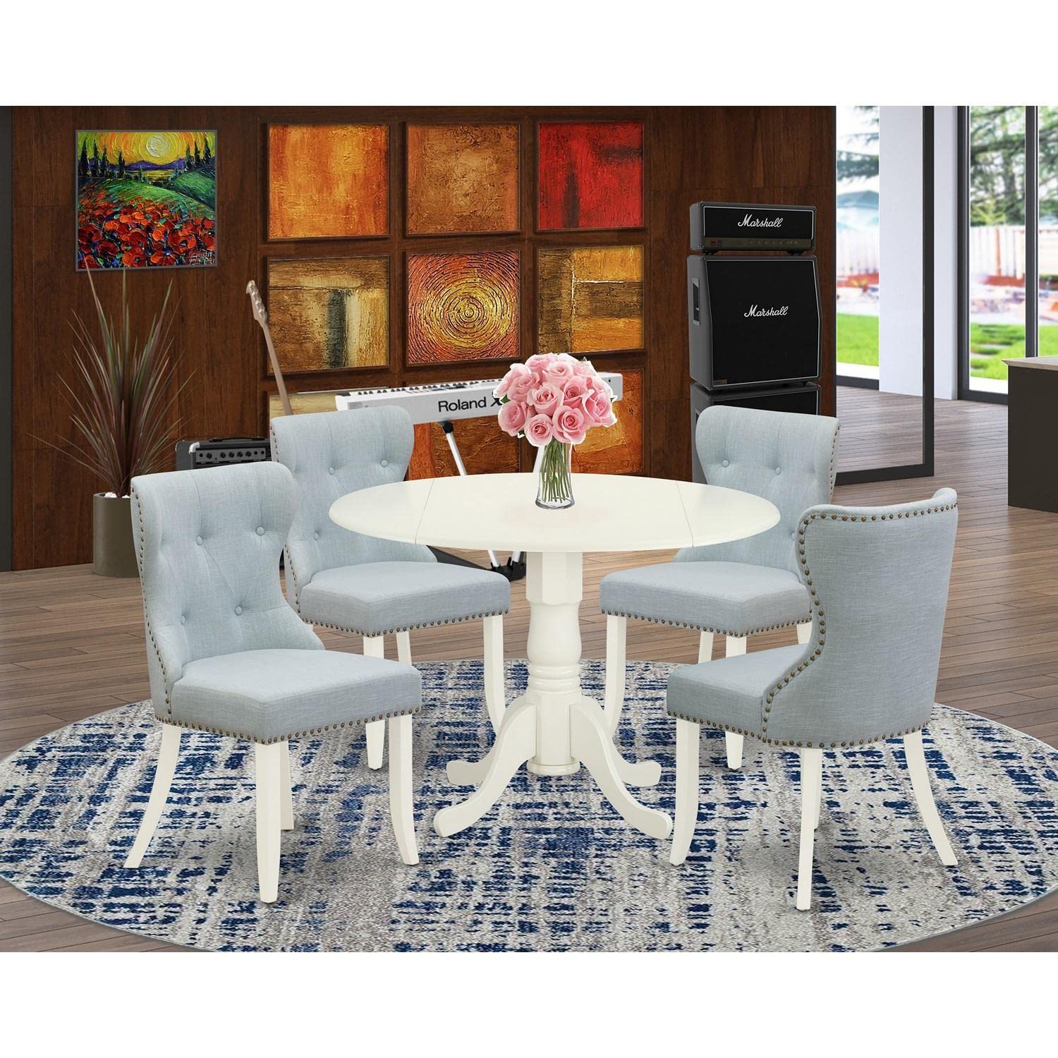 East West Furniture DLSI5-WHI-15 5 Piece Kitchen Table & Chairs Set Includes a Round Dining Room Table with Dropleaf and 4 Baby Blue Linen Fabric Parsons Chairs, 42x42 Inch, Linen White