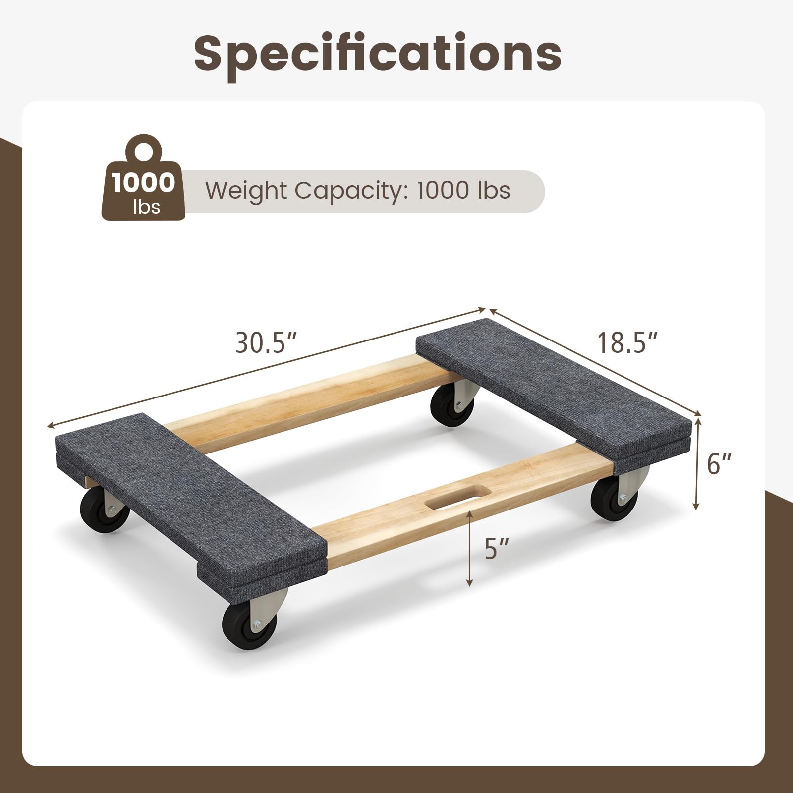 Goplus Furniture Moving Dolly, Heavy Duty Wood Rolling Mover with Wheels for Piano Couch Fridge Heavy Items, Securely Holds 1000 LBS (2 Packs with Handle)
