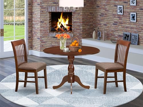 East West Furniture DMNF3-MAH-C 3 Piece Kitchen Table & Chairs Set Contains a Round Dining Table with Dropleaf and 2 Linen Fabric Dining Room Chairs, 42x42 Inch, Mahogany