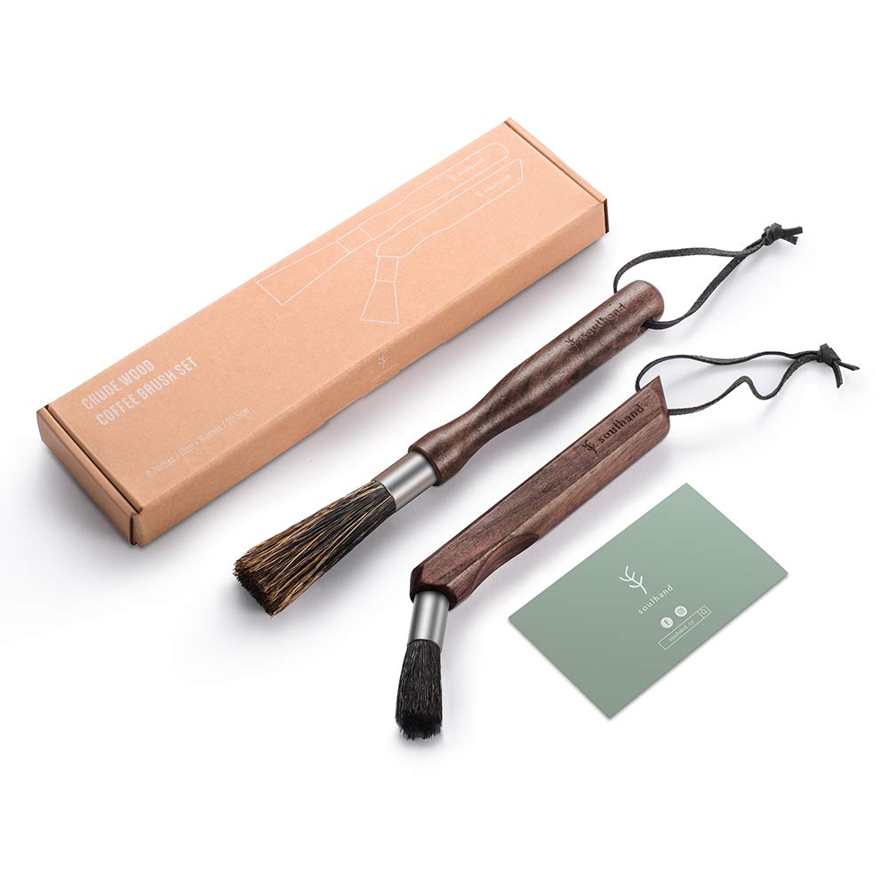 Soulhand Professional Coffee Brush Cleaning Brush Set (Straight + Curved) No Falling Out Bristles Natural Walnut Wood Espresso Machine Grinder Cleaner Coffee Tool for Barista Home Kitchen