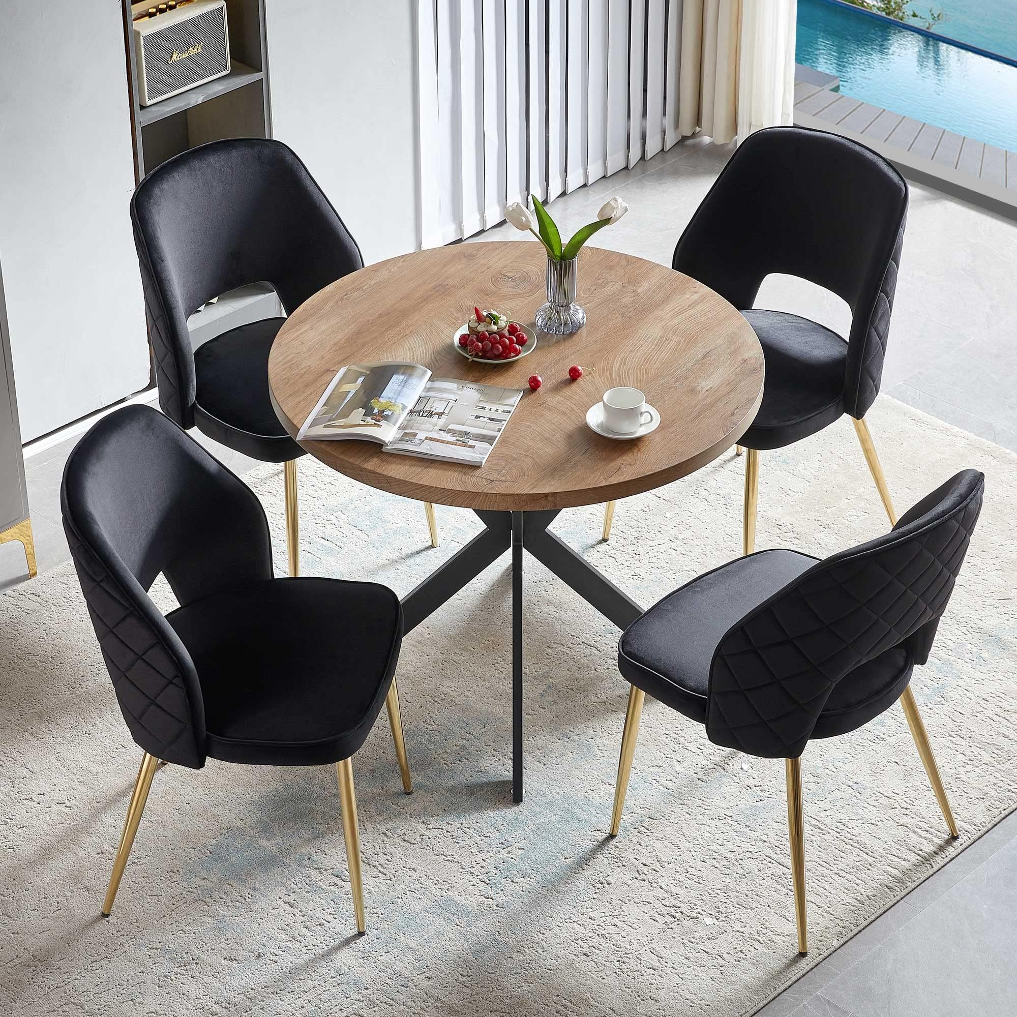 NORDICANA 5-Piece Dining Table Set for 4 - Space Saving 37-Inch Round Table and Chairs, 4 Seaters Dining Set with Upholstered Dining Chairs (Black)