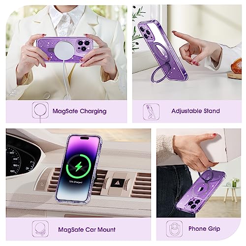 CASEKOO Genuine Official for iPhone 14 Pro Case with Magnetic Ring Stand [Compatible with MagSafe] [16FT Military-Grade Protection] Shockproof Twinkle Star Phone Grip Cover 6.1'', Sparkle Purple