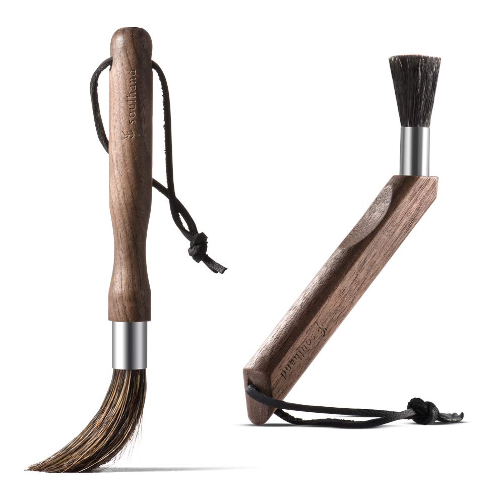 Soulhand Professional Coffee Brush Cleaning Brush Set (Straight + Curved) No Falling Out Bristles Natural Walnut Wood Espresso Machine Grinder Cleaner Coffee Tool for Barista Home Kitchen