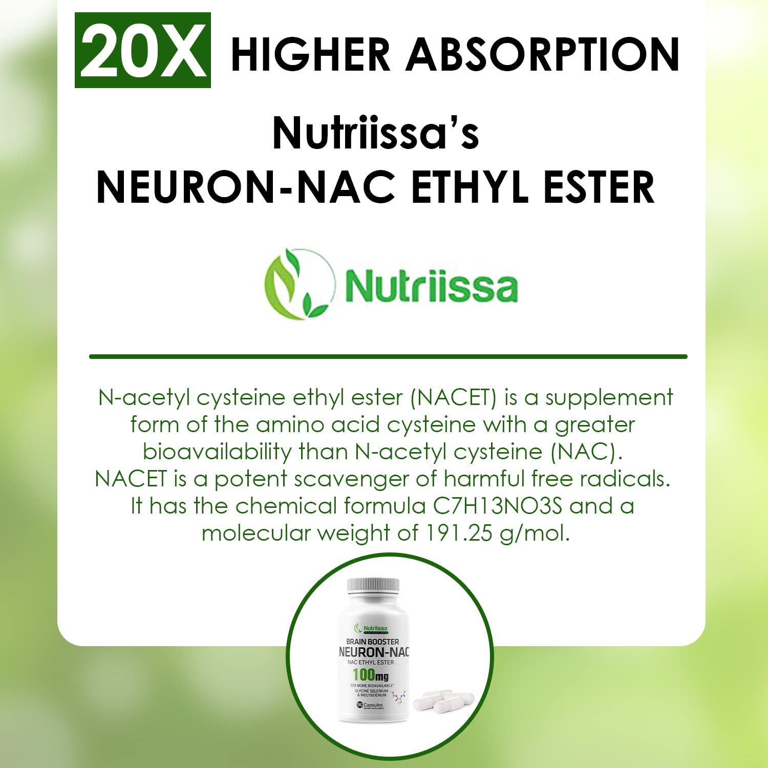 Nutriissa Neuron NAC Supplement N-Acetyl Cysteine Ethyl Ester - 20x More Bioavailable Than NAC 1200 mg - Boost Glutathione 10x More Than Liposomal Glutathione - N Acetyl (90 Capsules)
