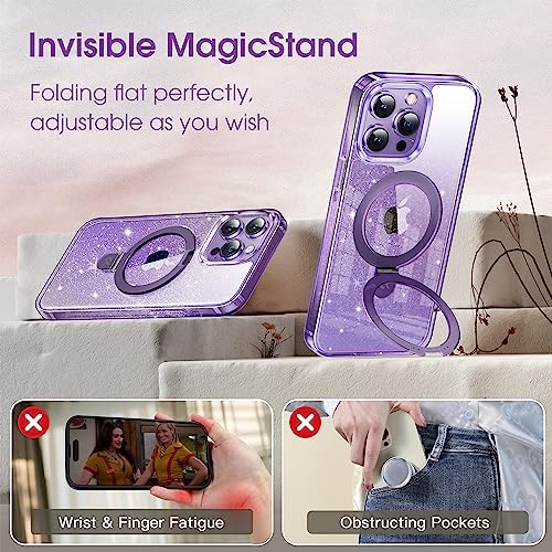 CASEKOO Genuine Official for iPhone 14 Pro Case with Magnetic Ring Stand [Compatible with MagSafe] [16FT Military-Grade Protection] Shockproof Twinkle Star Phone Grip Cover 6.1'', Sparkle Purple