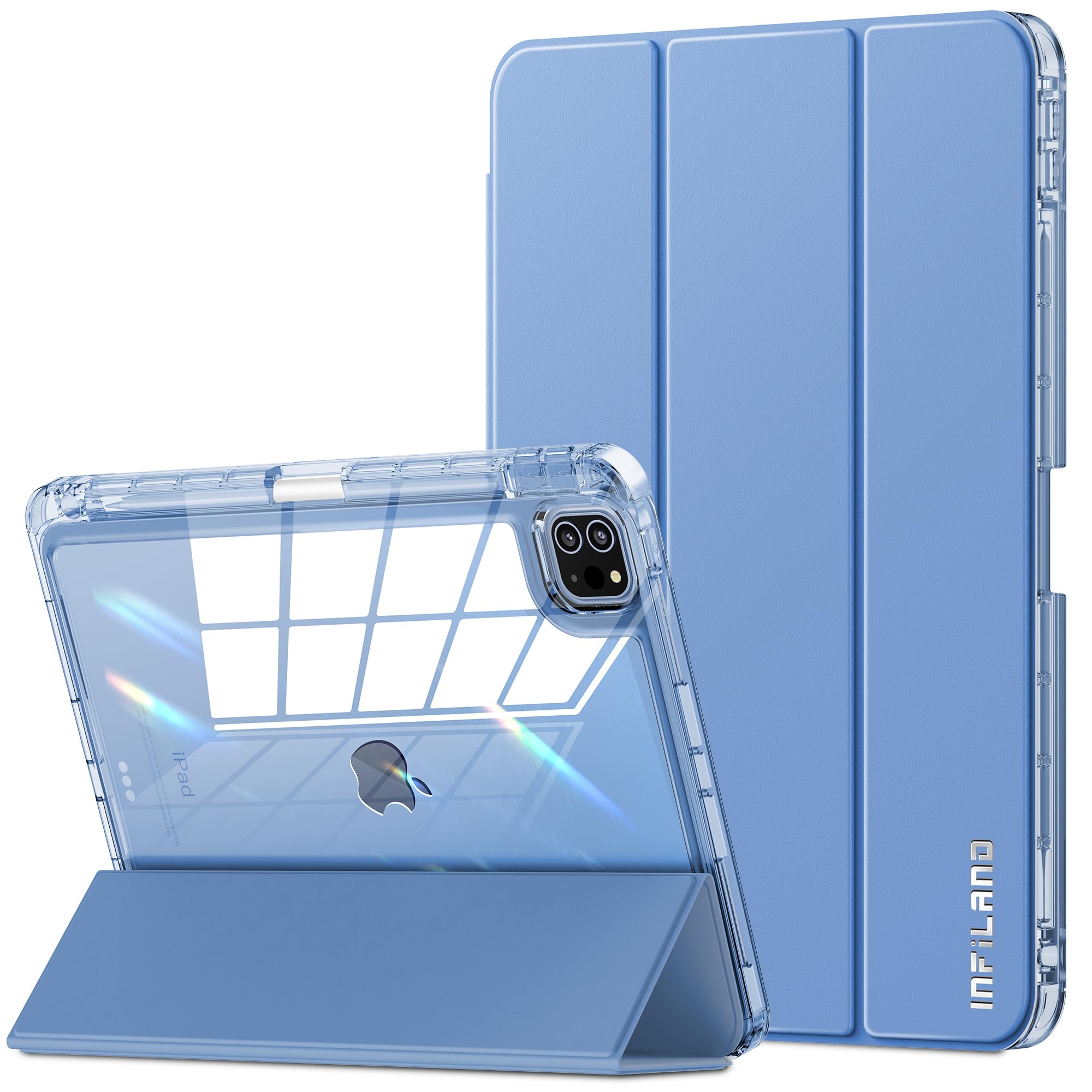INFILAND Compatible with iPad Pro 11 inch Case (4th,3rd,2nd &1st Gen) 2022/2021/2020/2018, Crystal Clear Both Back & Frame Anti-Yellowing, Pencil Holder, Blue