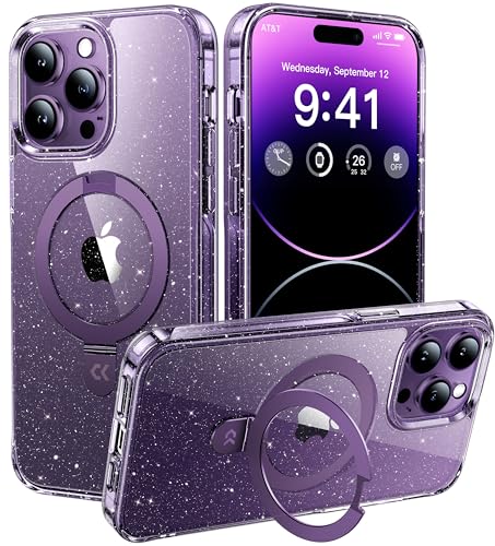 CASEKOO Genuine Official for iPhone 14 Pro Case with Magnetic Ring Stand [Compatible with MagSafe] [16FT Military-Grade Protection] Shockproof Twinkle Star Phone Grip Cover 6.1'', Sparkle Purple