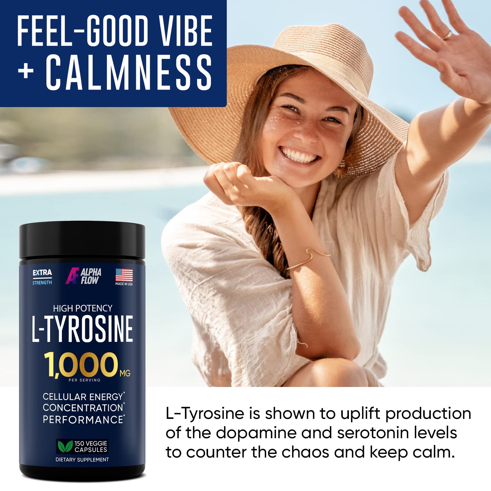 L Tyrosine 1000MG Capsules - All-Natural L- Tyrosine Supplement for Focus & Energy Boost - Non-GMO & Gluten-Free - Vegan 150 Caps -500mg x 2 per Serving