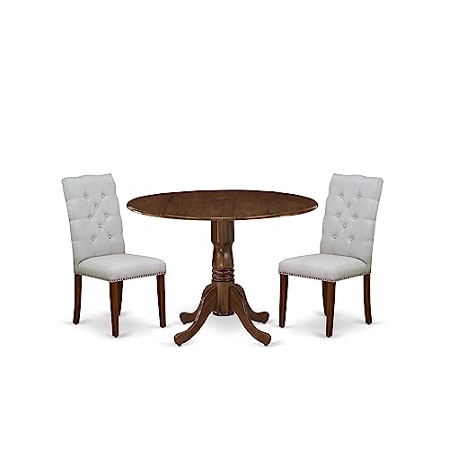East West Furniture DLEL3-AWA-05 3 Piece Kitchen Table & Chairs Set Consist of a Round Dining Table with Dropleaf and 2 Upholstered Parson Chairs, 42x42 Inch, Antique Walnut