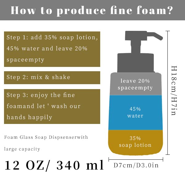 Easy Tang Glass Foaming Soap Dispenser with Black Pump, 12 OZ Vintage-Inspired Modern Glass Refillable Bottle for Bathroom Vanity Countertop and Kitchen