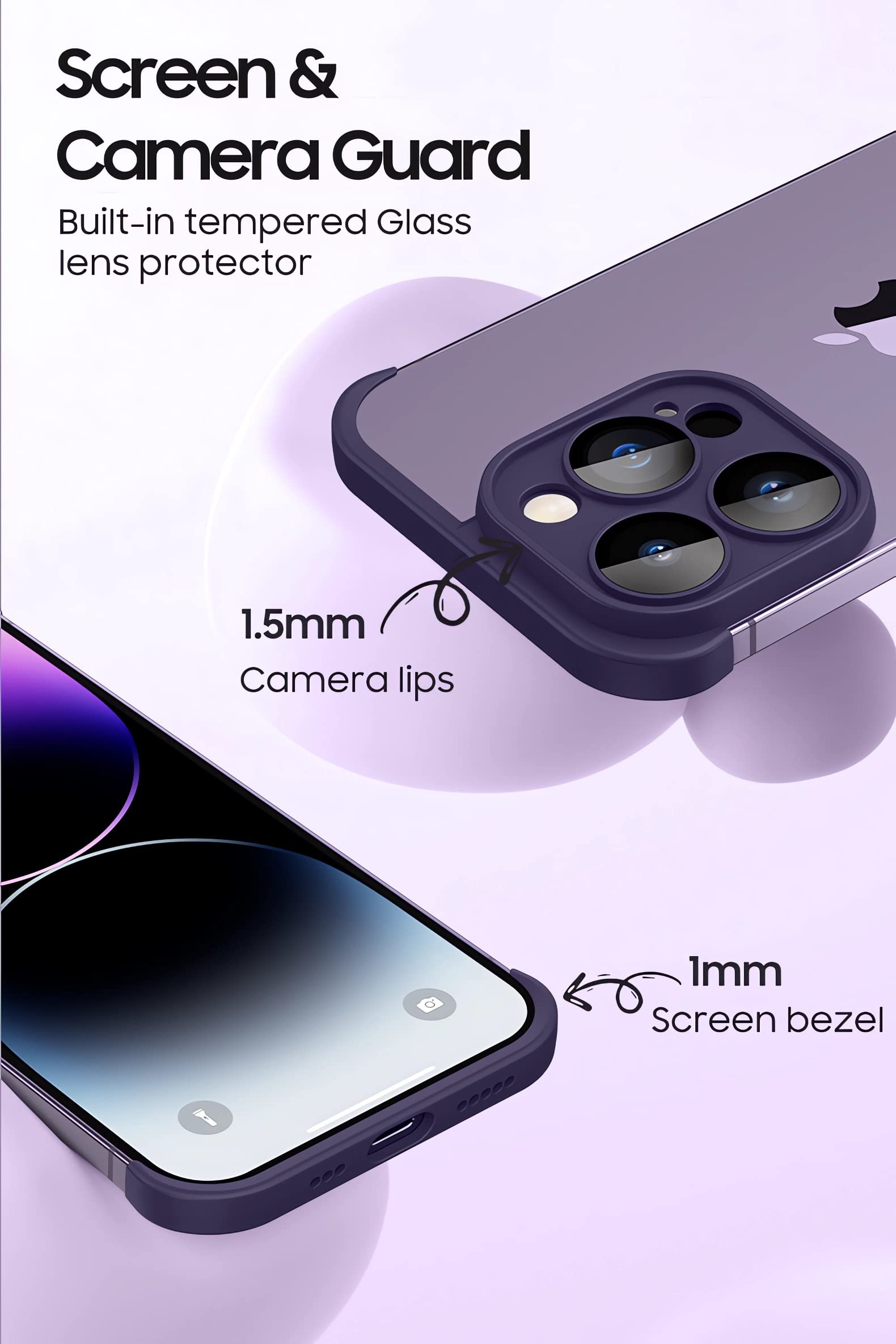 LEKEVO Frameless Fit for iPhone 14 Pro Case with Camera Lens Protector, Slim Soft TPU Shockproof Phone Cover, Minimalist Yet Protective Bumper Shell (Purple)