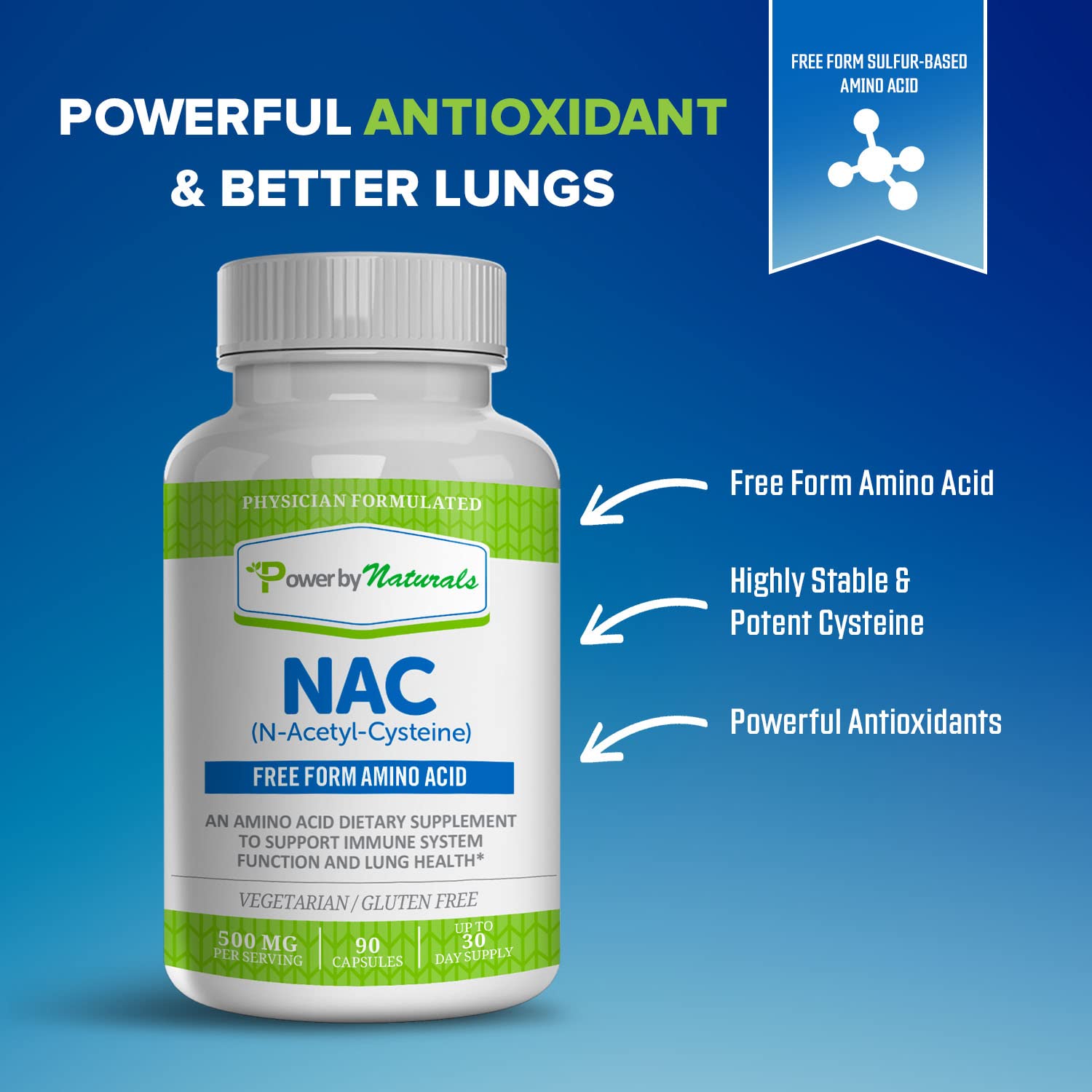 Power By Naturals NAC Supplement N-Acetyl Cysteine β NAC 1000mg Serving Per 2 Capsules - Antioxidant Amino Acids Supplement for Liver Lung Support & Glutathione Boost - Pure NAC Supplement, 90Ct.