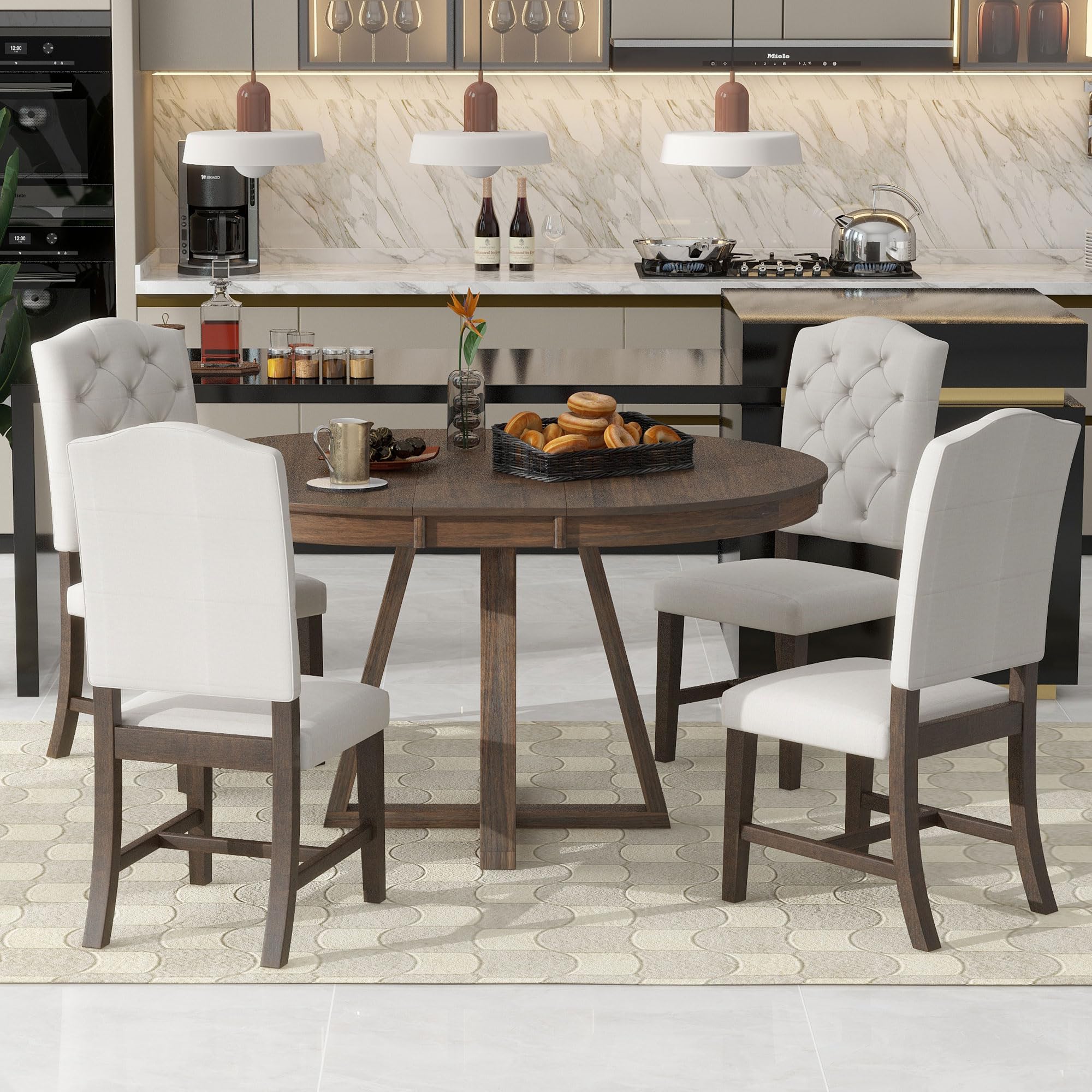 POCIYIHOME 5-Piece Retro Functional Set, Extendable Round 16" W Leaf, 4 Upholstered Family Dinner Dining Room, 5pc Farmhouse Kitchen Table/Chairs for 4 (Walnut)