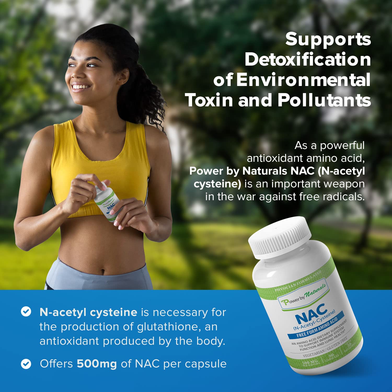 Power By Naturals NAC Supplement N-Acetyl Cysteine β NAC 1000mg Serving Per 2 Capsules - Antioxidant Amino Acids Supplement for Liver Lung Support & Glutathione Boost - Pure NAC Supplement, 90Ct.
