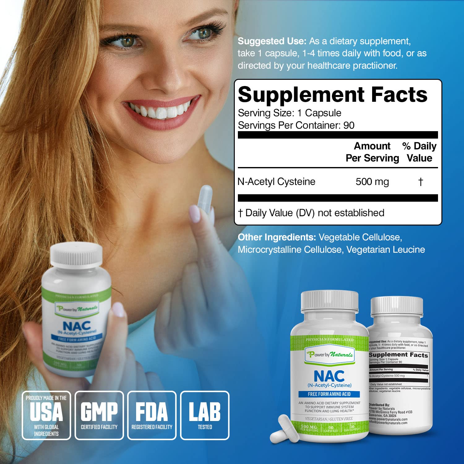 Power By Naturals NAC Supplement N-Acetyl Cysteine β NAC 1000mg Serving Per 2 Capsules - Antioxidant Amino Acids Supplement for Liver Lung Support & Glutathione Boost - Pure NAC Supplement, 90Ct.