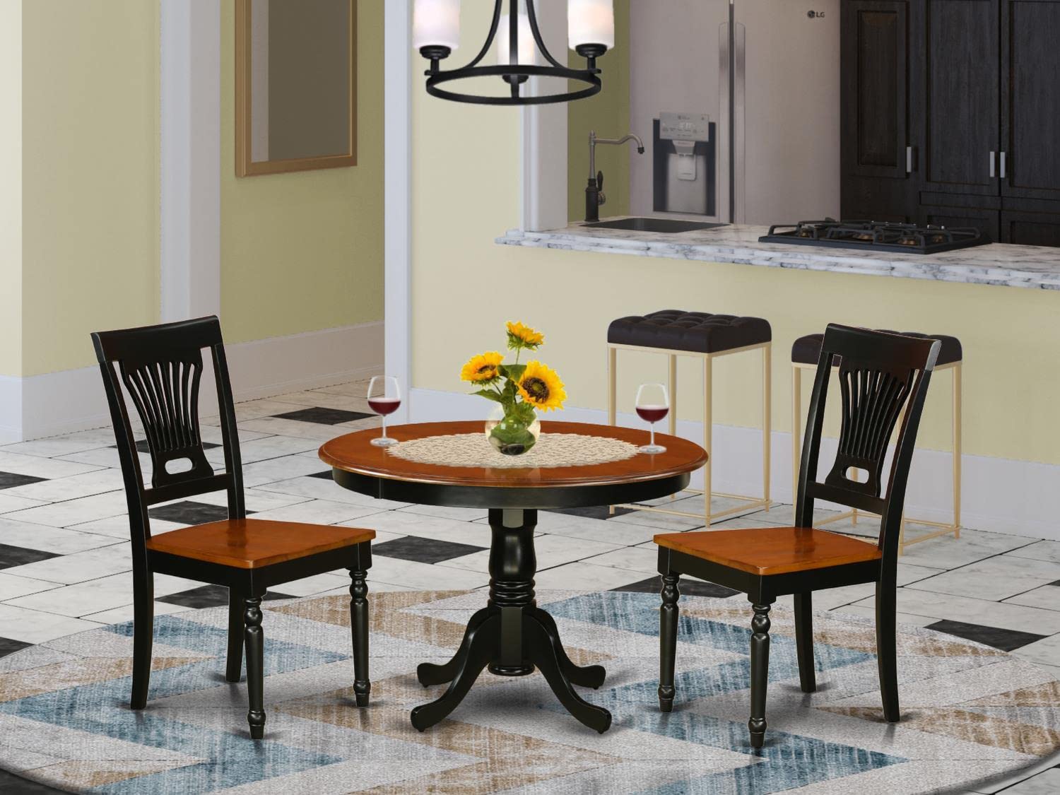 East West Furniture Hartland 3 Piece Kitchen Set Contains a Round Table with Pedestal and 2 Dining Room Chairs, 42x42 Inch, Black & Cherry