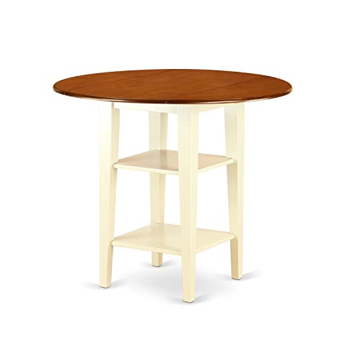 East West Furniture SUVN5H-BMK-C 5 Piece Counter Height Pub Set Includes a Round Dining Table with Dropleaf & Shelves and 4 Linen Fabric Upholstered Chairs, 42x42 Inch, Buttermilk & Cherry