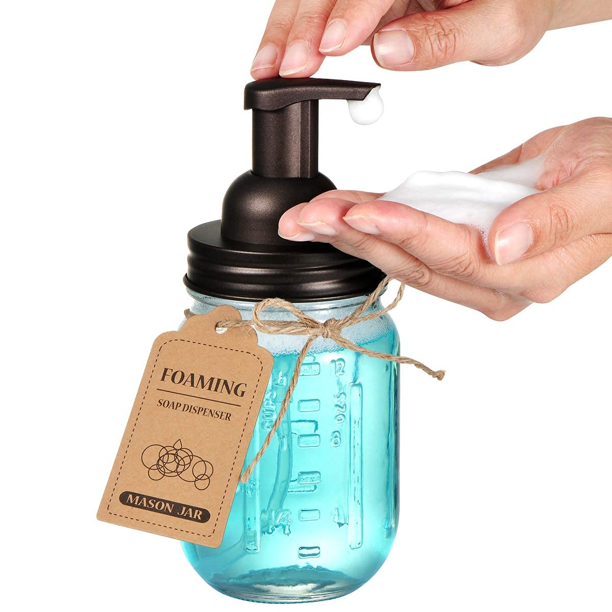 Amolliar Mason Jar Foaming Soap Dispenser, Rustproof Stainless Steel Lid, BPA Free Foam Pump, Waterproof Labels, Rustic Farmhouse Decor Refill Hand Soap Dispenser Bathroom Accessories– Bronze (2 Pack)