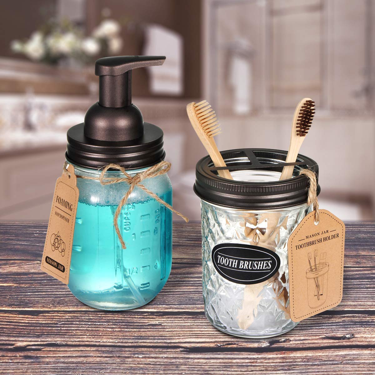 Amolliar Mason Jar Foaming Soap Dispenser, Rustproof Stainless Steel Lid, BPA Free Foam Pump, Waterproof Labels, Rustic Farmhouse Decor Refill Hand Soap Dispenser Bathroom Accessories– Bronze (2 Pack)