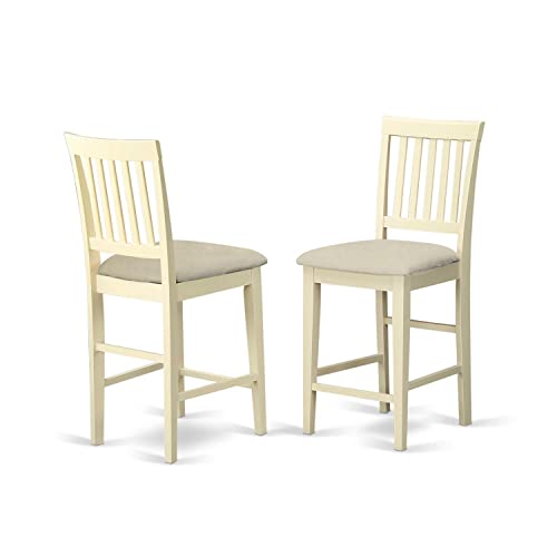 East West Furniture SUVN5H-BMK-C 5 Piece Counter Height Pub Set Includes a Round Dining Table with Dropleaf & Shelves and 4 Linen Fabric Upholstered Chairs, 42x42 Inch, Buttermilk & Cherry