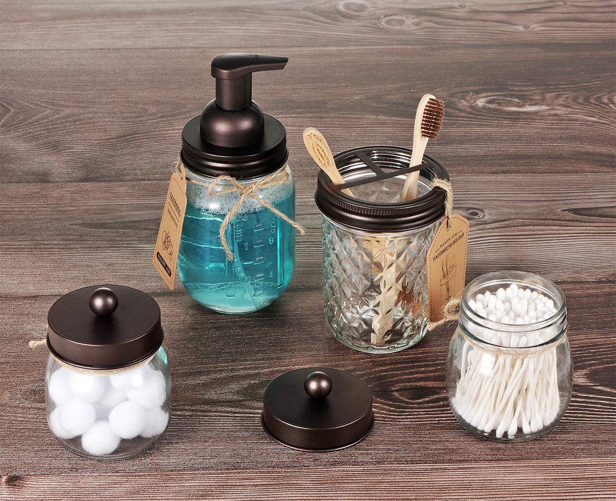 Amolliar Mason Jar Foaming Soap Dispenser, Rustproof Stainless Steel Lid, BPA Free Foam Pump, Waterproof Labels, Rustic Farmhouse Decor Refill Hand Soap Dispenser Bathroom Accessories– Bronze (2 Pack)