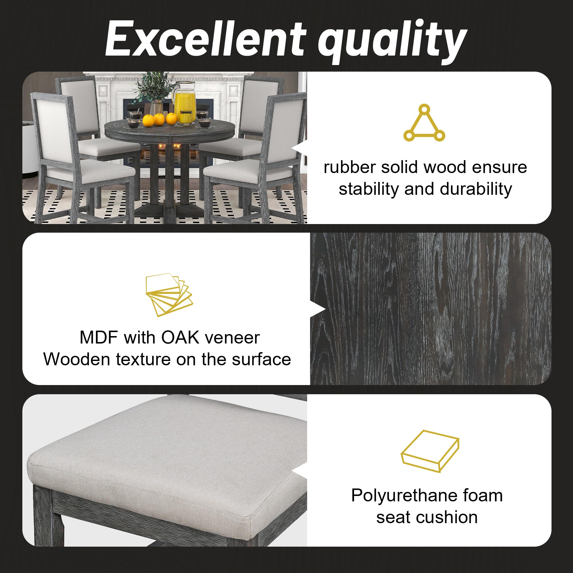Merax 5-Piece Farmhouse Wooden Dining Set with Extendable Round Table and 4 Upholstered Chairs, for Kitchen, Black