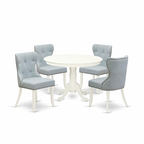 East West Furniture HLSI5-LWH-15 5 Piece Dinette Set Includes a Round Dining Room Table with Pedestal and 4 Baby Blue Linen Fabric Upholstered Parson Chairs, 42x42 Inch, Linen White