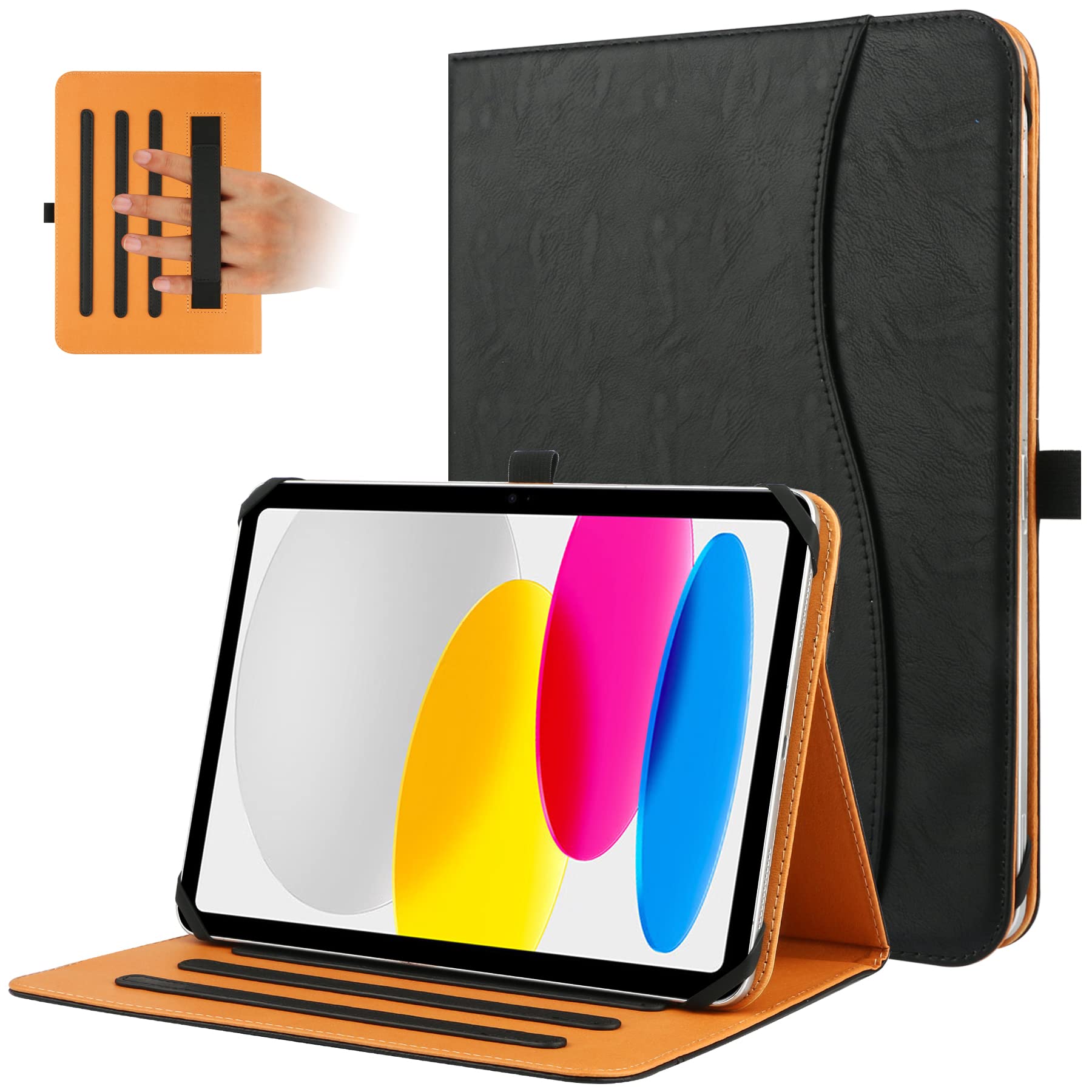FANRTE Universal Case for 9-10.9" Tablet, with Flexible Hand Strap & Pocket, Adjustable Fixing Silicon Band and Pen Holder, Black