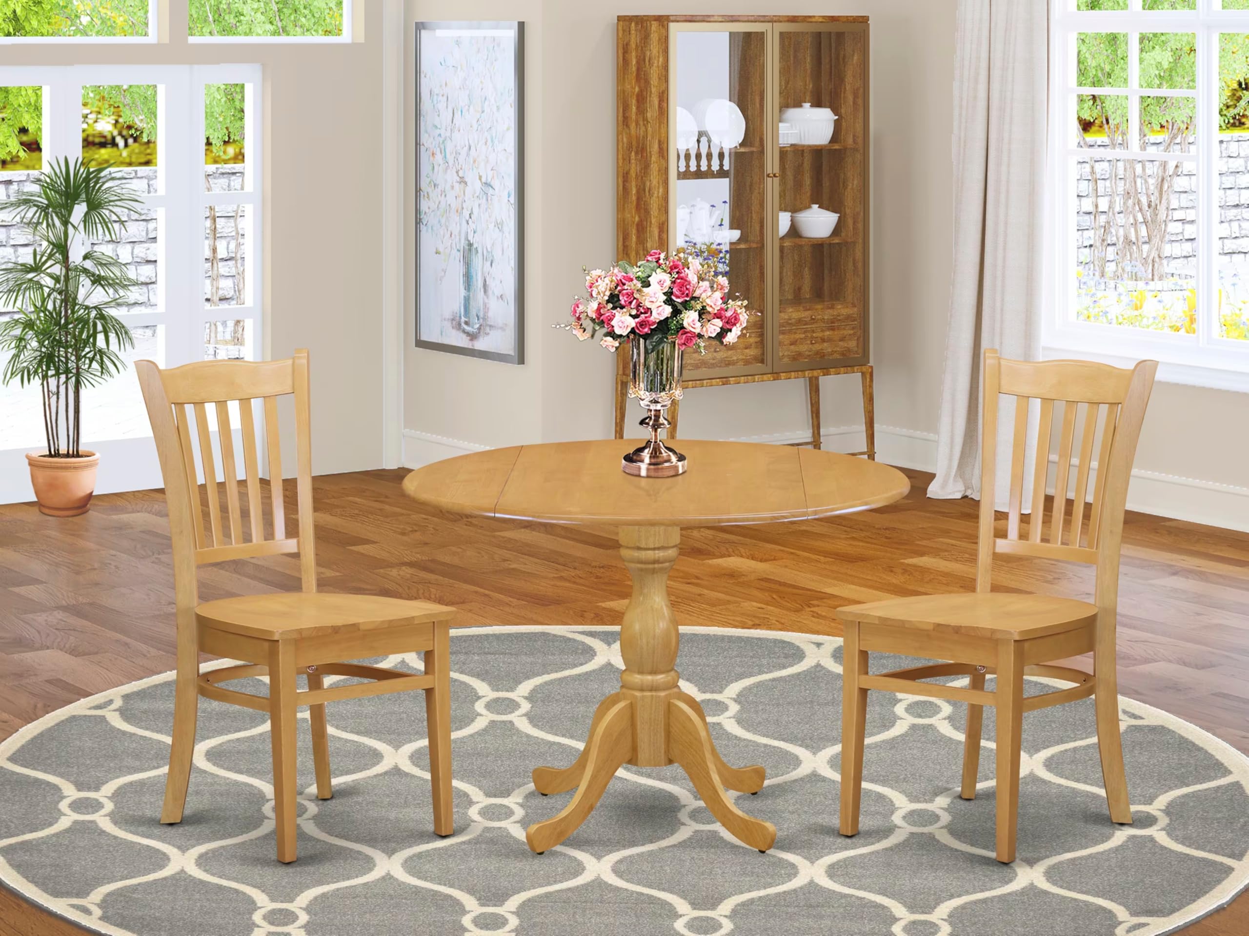 East West Furniture DMGR3-OAK-W 3 Piece Modern Dining Table Set Contains a Round Wooden Table with Dropleaf and 2 Kitchen Dining Chairs, 42x42 Inch, Oak