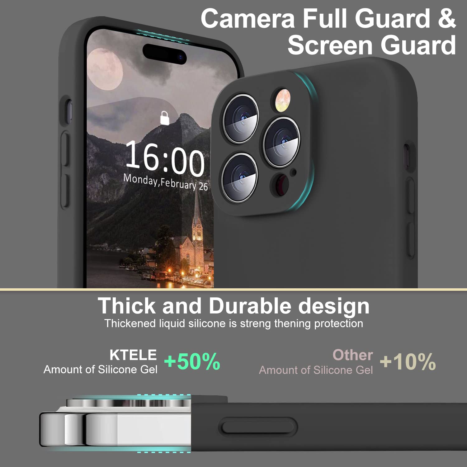 Ktele Compatible with iPhone 14 Pro Case, Silicone Upgraded [Camera Protection] [Soft Microfiber Lining] Full Covered Slim Gel Rubber Case iPhone 14 Pro 6.1 inch -Black