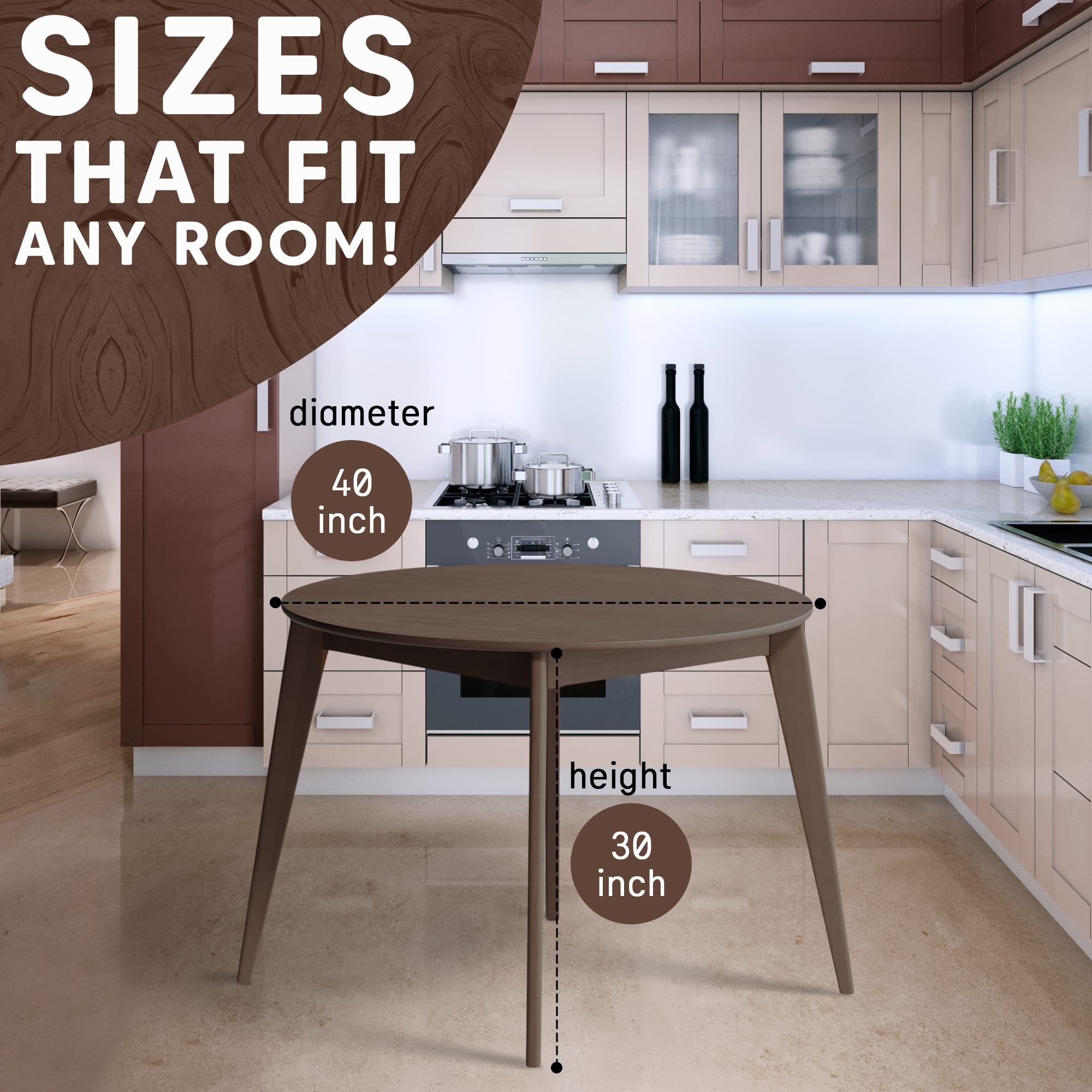DAIVA CASA Orion Round Dining Table for 4 Person - Birch Solid Wood Kitchen & Dining Room Furniture - Mid Century Modern Scandinavian Style β Dark Brown Kitchen Table 40 inch