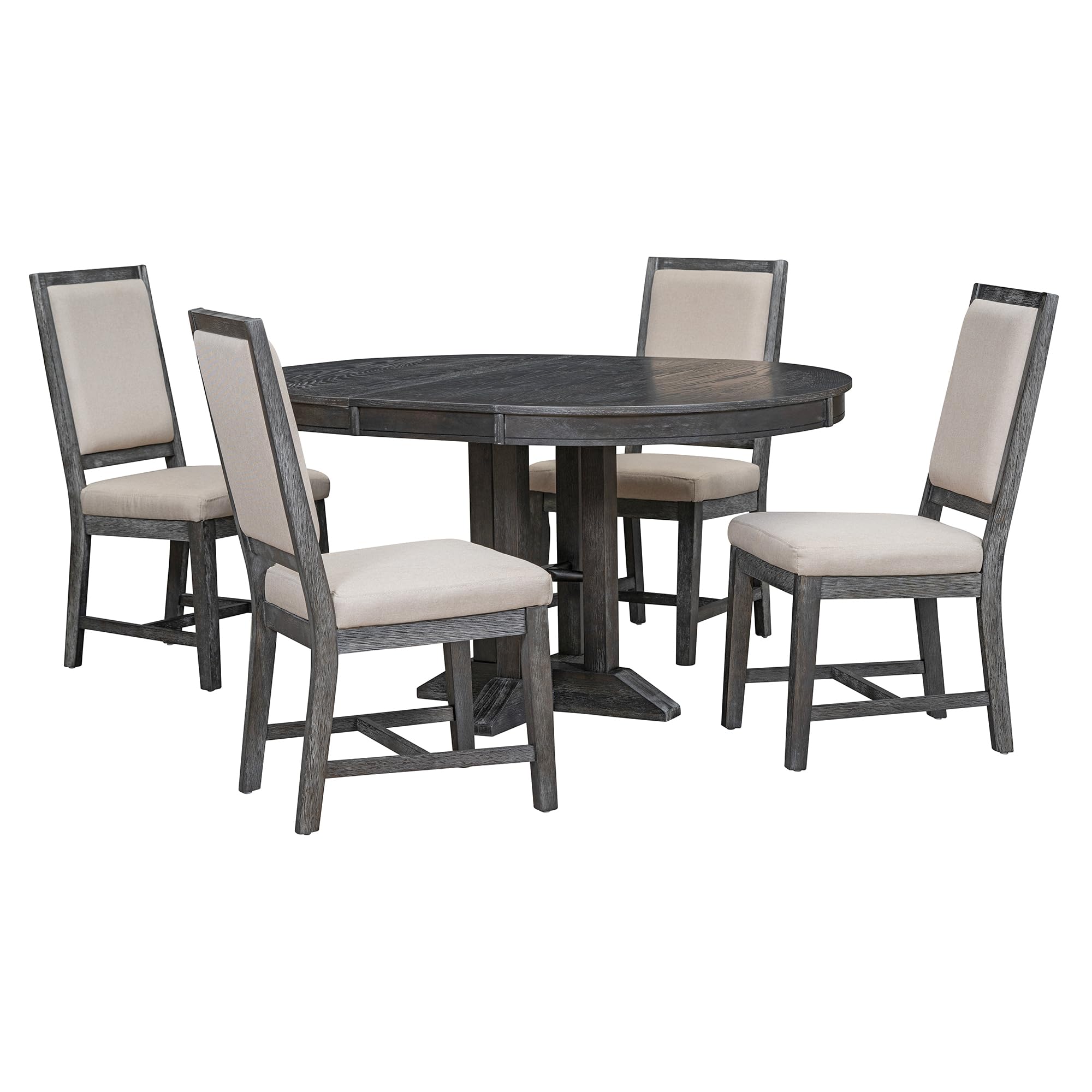 Merax 5-Piece Farmhouse Wooden Dining Set with Extendable Round Table and 4 Upholstered Chairs, for Kitchen, Black