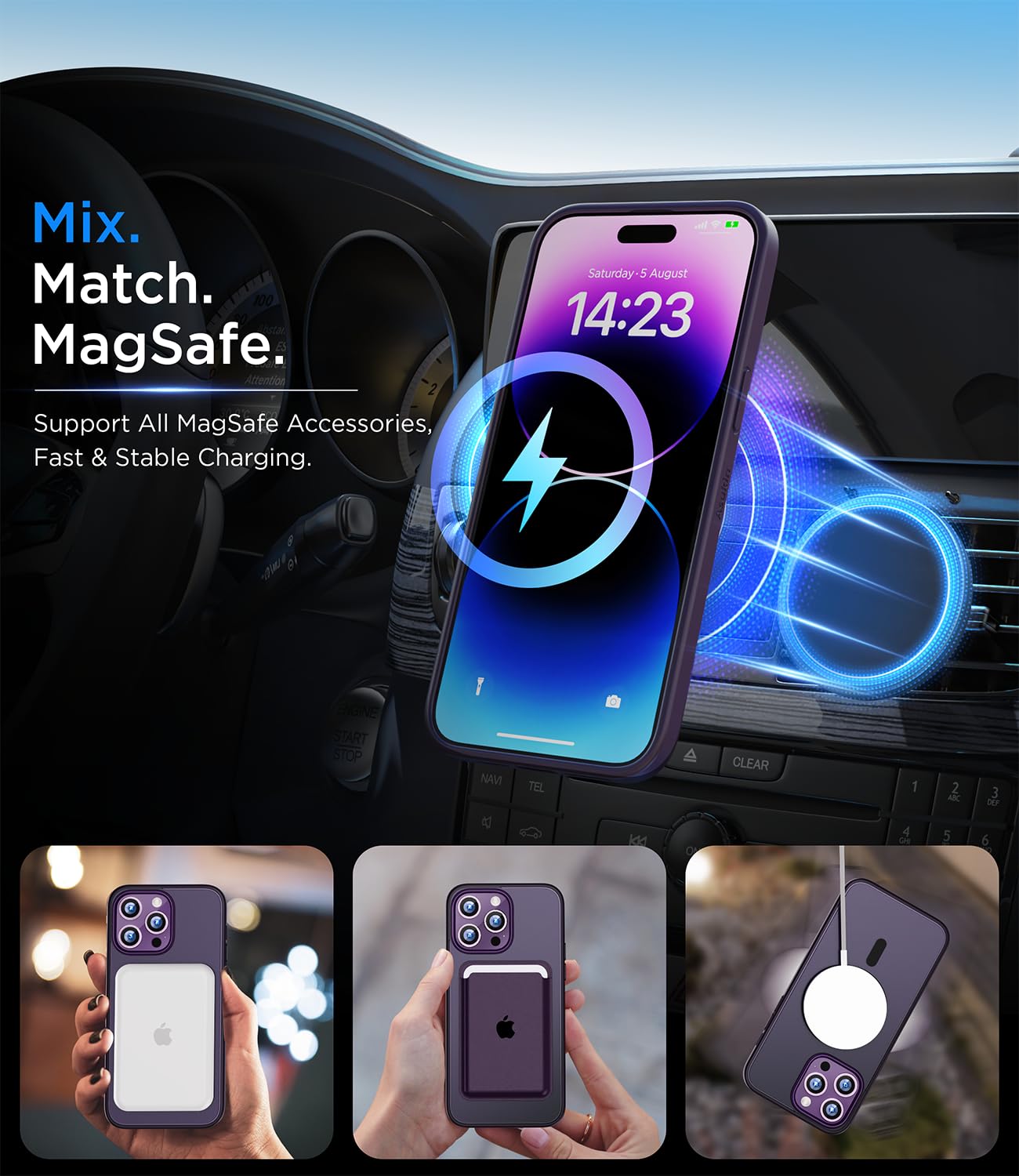 Asukin for iPhone 14 Pro Case, Strong Magnet-Compatible with MagSafe, Shockproof Military-Grade Protection, Slim Mag Safe Thin Bumper Phone Cover 6.1 in for Apple 14pro (Matte Purple)