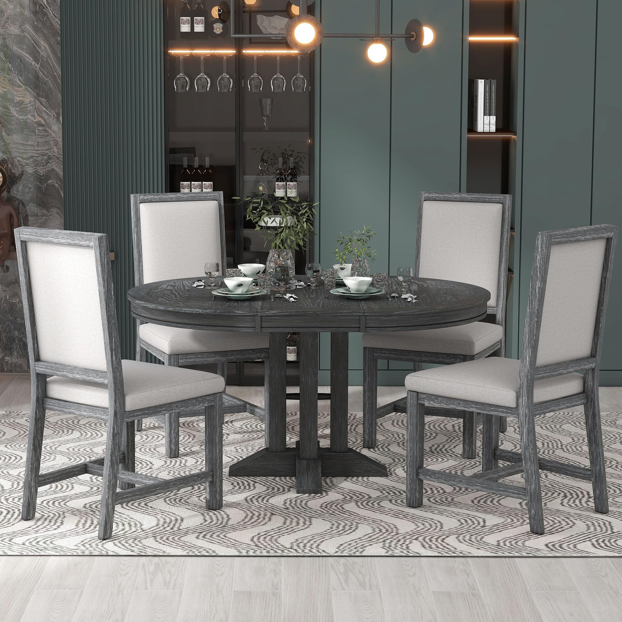 Merax 5-Piece Farmhouse Wooden Dining Set with Extendable Round Table and 4 Upholstered Chairs, for Kitchen, Black