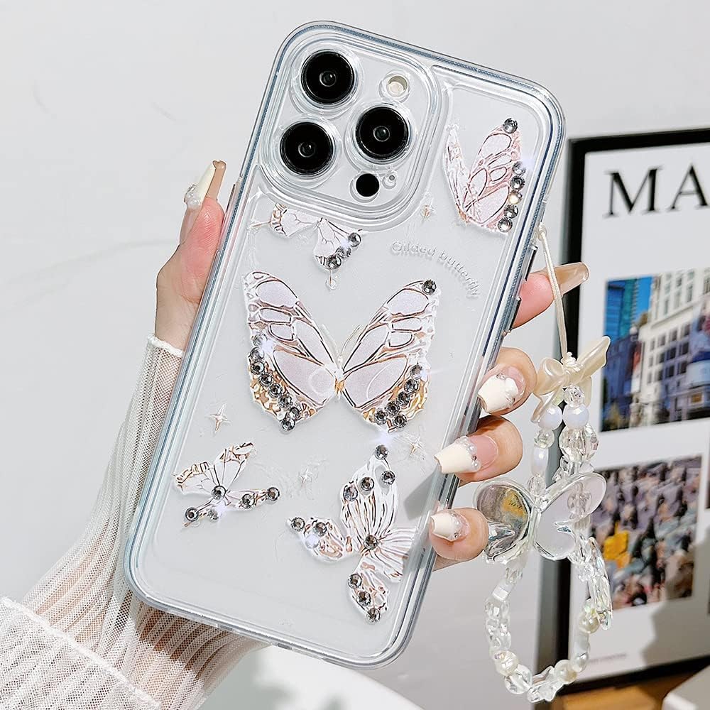 Casechics Compatible with iPhone Case,Luxury Crystal Clear Cute Bling Butterfly Wristband Strap Bracelet Chain Transparent Soft Shockproof Cover Phone Case (White,iPhone 15 Plus)
