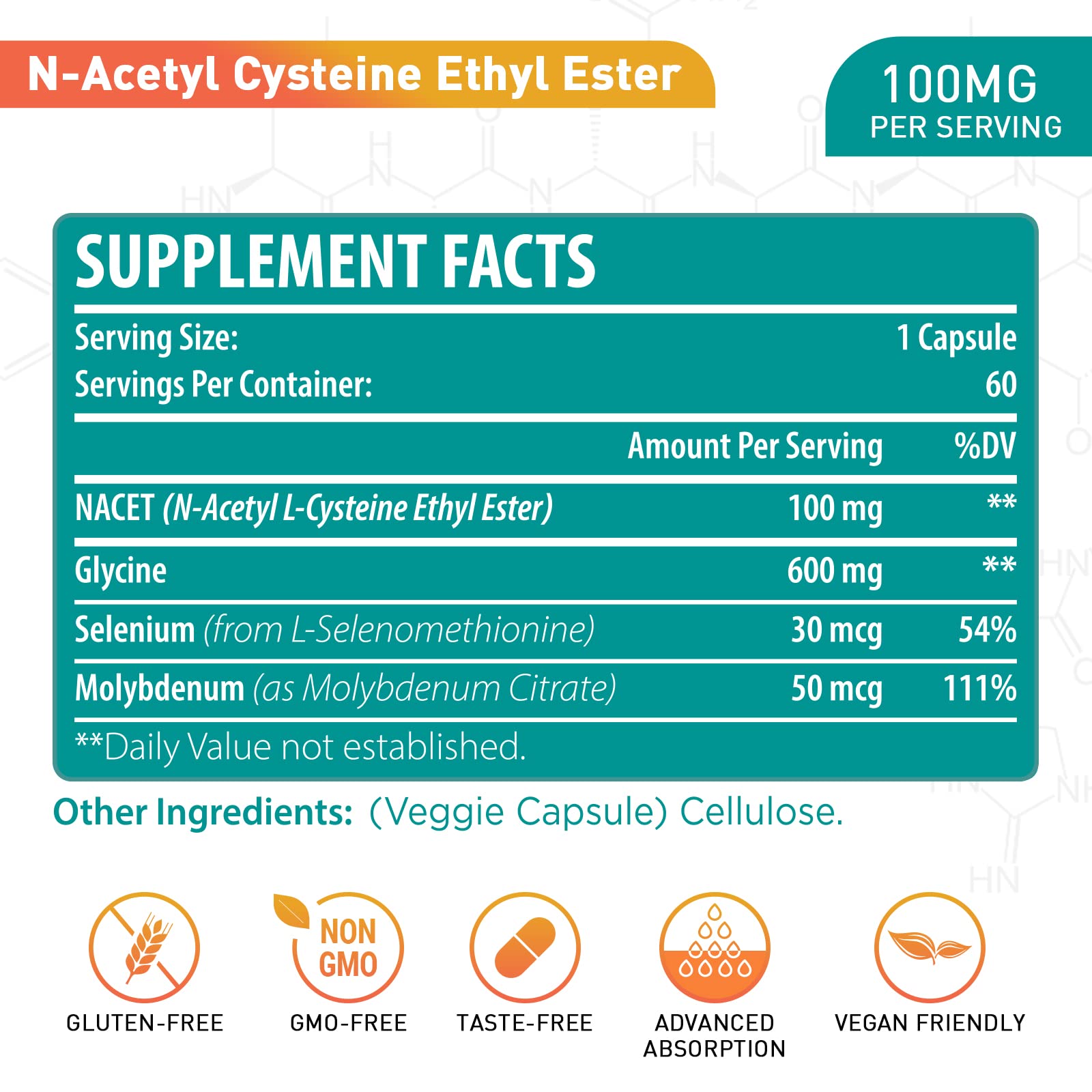 N-Acetyl Cysteine Ethyl Ester 100mg - More Absorption Than 1000mg NAC - with Glycine 600mg - Benefit Glutathione - Good for Immune System & Antioxidant for Adults, NACET ( 60 Capsules - 1 Pack)
