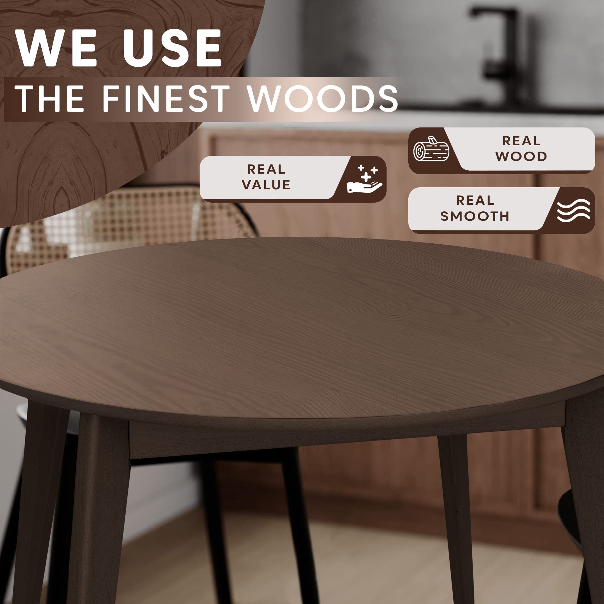 DAIVA CASA Orion Round Dining Table for 4 Person - Birch Solid Wood Kitchen & Dining Room Furniture - Mid Century Modern Scandinavian Style β Dark Brown Kitchen Table 40 inch